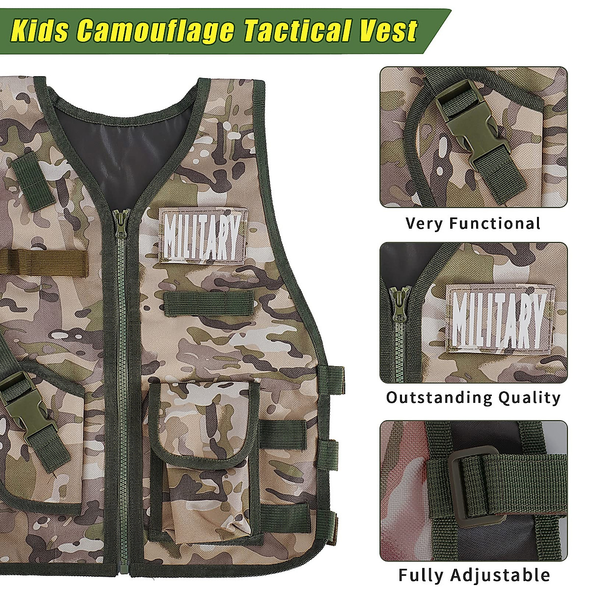 Kids Army Military Combat Soldier Costume Halloween Party Role Play Dress up Birthday Gift Set includes Camouflage Vest, Helmet, and Toy Accessories for 3-8 Years Old Toddlers Boys Girls