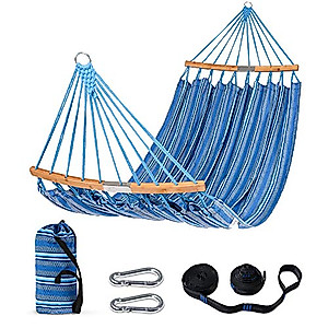 SUNCREAT Hammocks Double Hammock with Curved Spreader Bar, Outdoor Portable Hammock with Carrying Bag & Tree Straps for Bedroom, Patio, Backyard, Balcony, Max 450lbs Capacity, Blue