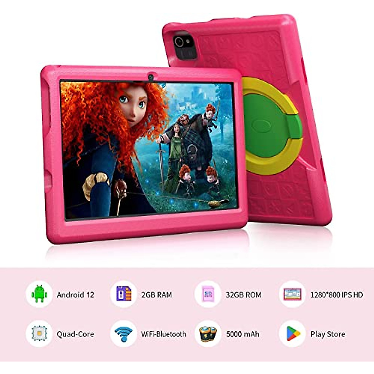 HiGrace Kids Tablet 10 inch - Android 12 Quad core Tablet for Kids (Ages 3-12), 5000mAh, 32GB ROM, Dual Camera, WiFi, Parental Control, Kid-Proof Case-Pink