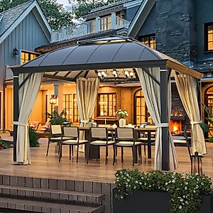 YOLENY 12'x12' Hardtop Gazebo, Permanent Outdoor Aluminum Patio Gazebo with Aluminum Composite Double Arc Roof for Patio Lawn and Garden, Curtains and Netting Included