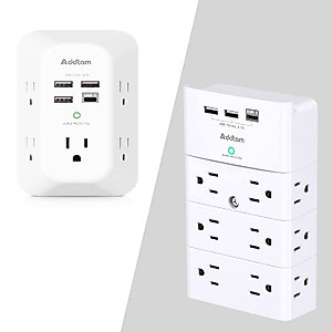 Surge Protector 5 Outlet Extender with 4 USB Charging Ports (1 USB C Outlet) 3 Sided 1800J Power Strip and Addtam Surge Protector Wall Mount with 12 Outlet Extender- 3 Sides and 3 USB Ports (1 USB-C)