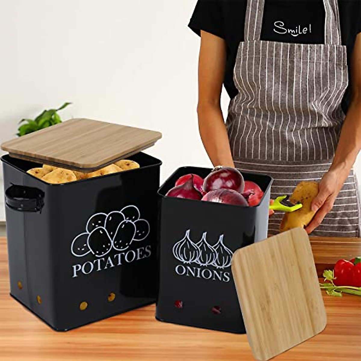 Xbopetda Potato Onion Storage Bin, Kitchen Storage Canister Set of 2, Kitchen Pantry Organizer Tin - Vegetable Fresh Keeper with Aerating Tin Storage Holes & Wooden Lid (Black)