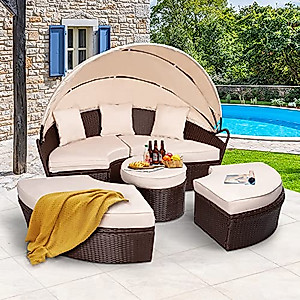 AECOJOY Outdoor Daybed with Canopy, Patio Daybed with Washable Cushions and 3 Extra Pillows, Rattan Wicker Separated Seating Sectional Sofa for Patio Lawn Garden Backyard Porch Pool