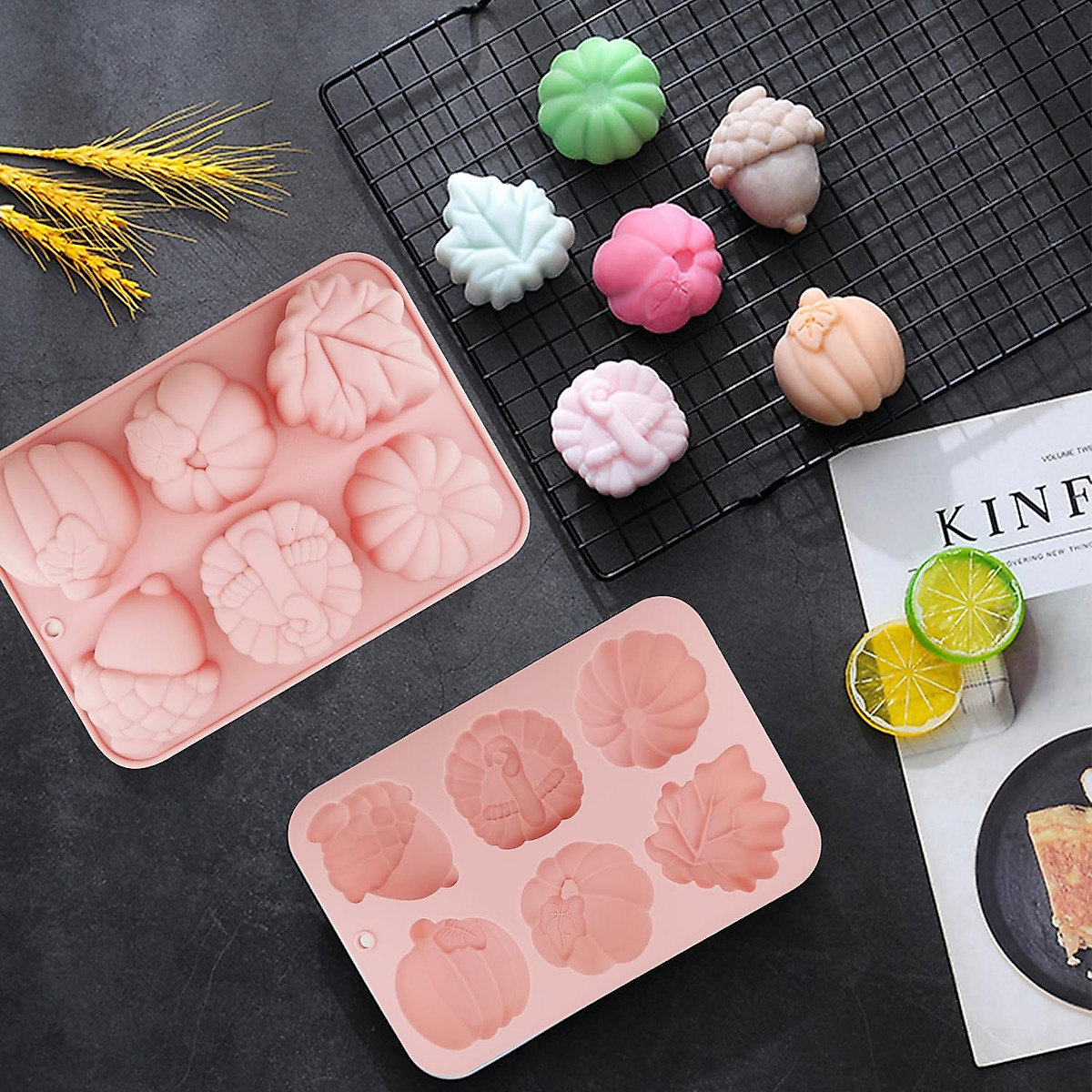 2Pcs 3D Pumpkin Mold Fall Silicone Mold Halloween Thanksgiving Fall Theme Silicone Molds Maple Leaf Acorn Shape Chocolate Cake Pan Fondant Candy Mold for Cupcake Toppers Resin Candle Soap Ice Cube Tra