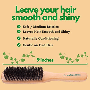 GranNaturals Boar Bristle Slick Back Hair Brush - Soft/Medium Smoothing Hairbrush to Style, Polish, & Lay Hair Down Flat to Create a Sleek Frizz Free Hairstyle for Women and Men - Wooden Handle