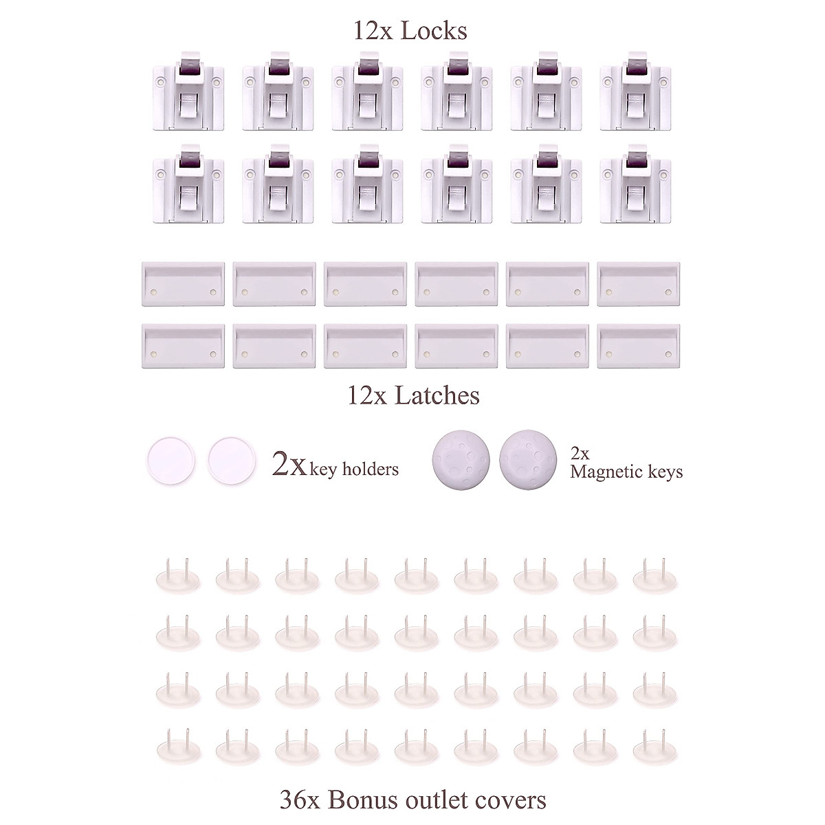 LLeeLaX Magnetic Cabinet Locks | Quick & Easy Installation to Baby & Child Proof Home | No Drills, No Tools required | 12 locks + 2 keys | Bonus 36 Electric outlet covers