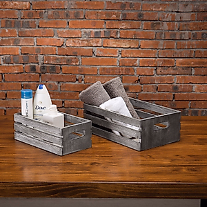 MyGift Rustic Light Gray Solid Wood Decorative Storage Box with Cutout Handles, Country Style Nesting Storage Crate Bin with Open Top Pallet Design, Set of 2