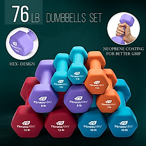 Fitness Alley Neoprene Dumbbell 5 Pairs 3LB, 5 LB, 8LB, 10LB, 12LB Dumbbells Coated for Non Slip Grip - Hex Dumbbells Weight Set - Neoprene Hand Weight Pairs - Hex Hand Weights Neoprene Dumbbells