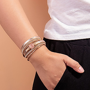 FANCY SHINY Boho Wrap Bracelets Leather Cuff Bracelet Bohemian Jewelry Resin Stone Multi Strand Bracelet with Clasp for Women(Rose Gold)