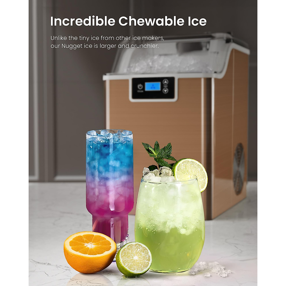 Nugget Ice Maker Countertop, 45lbs/Day Pellet Ice Maker Machine with 24H Timer, Self-Cleaning Pebble Countertop Ice Maker with Crushed Ice for Home Black(Champagne Gold)