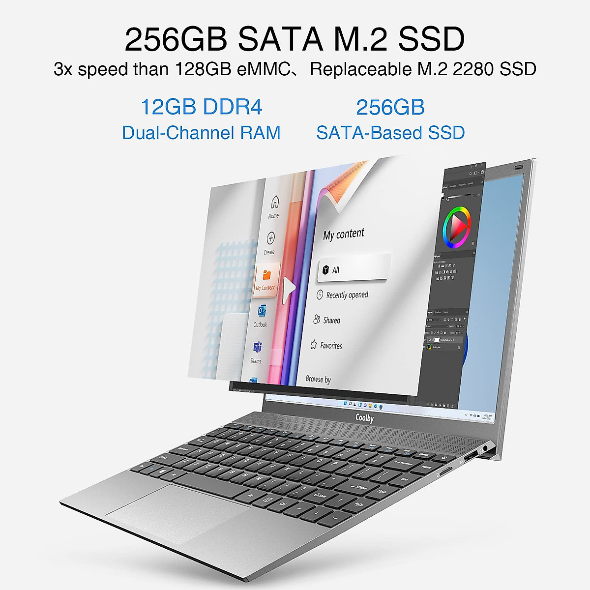 Coolby Windows 11 Laptop Computer, Intel Celeron Quad-core N4120 Processor, 12GB DDR4 RAM / 256GB SSD Notebook PC, 14.1" FHD 1920X1080 IPS Display, Support 2.4G/5G Hz WiFi, BT, Webcam, TF Card