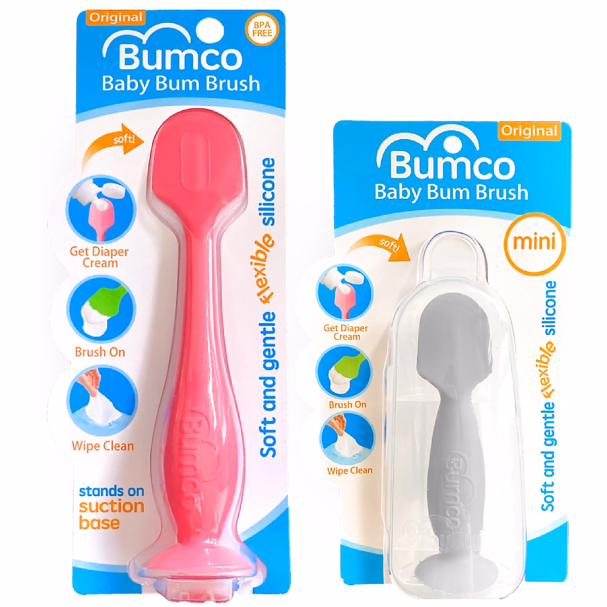 Bumco Baby Bum Brush + Mini Diaper Cream Spatula with Case - BPA-Free Butt Spatula Baby, Soft Diaper Spatula, Baby Diaper Cream Applicator, Mom-Invented Diaper Bag Essentials, Butt Spatula