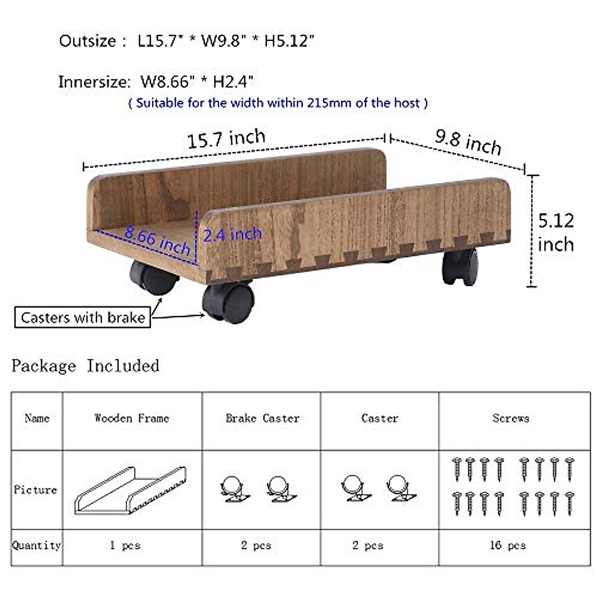 Kirigen Computer Tower Stand Cart - Heavy Duty Desktop Mobile Cart Holder for Computer Host with 4 Mute Caster Wheels - Wood Rolling ATX PC Case Rack, CPU Case Protecting Shelf (ZJJ Dark Brown)