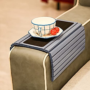 Sofa Arm Tray Table Slinky Secure/Flexible/Foldable Couch Tray Table with Non-Slip Mat for Drinks, Food, Phone or Remote. Sustainable Slinky Bamboo Design (16.5" L x 13.25" W x 0.4" H, Grey)