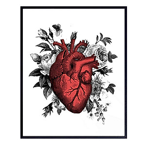 Vintage Floral Heart Wall Art, Room Decoration - Retro Poster Print for Home, Apartment, Bedroom, Bathroom, Nurses or Doctors Office Decorations - Great Decor or Gift for Steampunk or Goth Fans