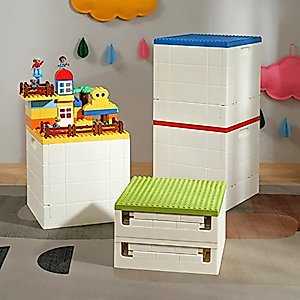 SHIMOYAMA Folding Duplo Storage Box, 2 Pack, 25L Storage Bin with Building Lid, 26 Qt. Collapsible Organizer for Duplo Blocks, Green and Blue