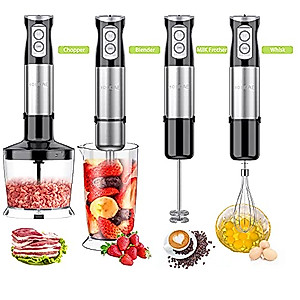 HOUCAE Hand Blender, Turbo for Finer Results, 4-in-1 Gift Set, 500 Watt 6-Speed Immersion Multi-Purpose Hand Blender Heavy Duty Copper Motor Brushed 304 Stainless Steel With Whisk, Milk Frother Attachments. Black.