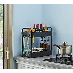 SPACEFIT Under Sink Organizers and Storage, 2 Tier Cabinet Shelf and Bathroom Organizer Rack with Handles, Hanging Cup, Hooks, Countertop Organizer for Kitchen Spices, Cleaning Supplies, Cosmetics