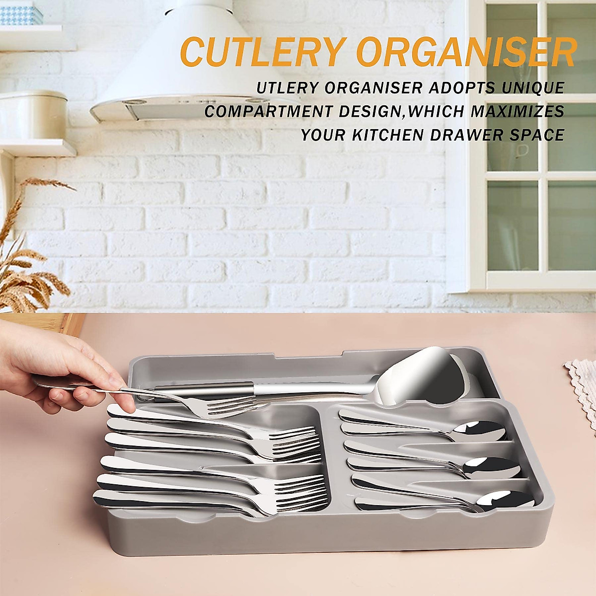 KAKUNM Expandable Utensil Organizer | Plastic Flatware Drawer Organizer, Flatware Drawer Tray for Silverware, Cutlery Holder With 6 Compartments Compact Storage Organization for Spoons Forks Knives