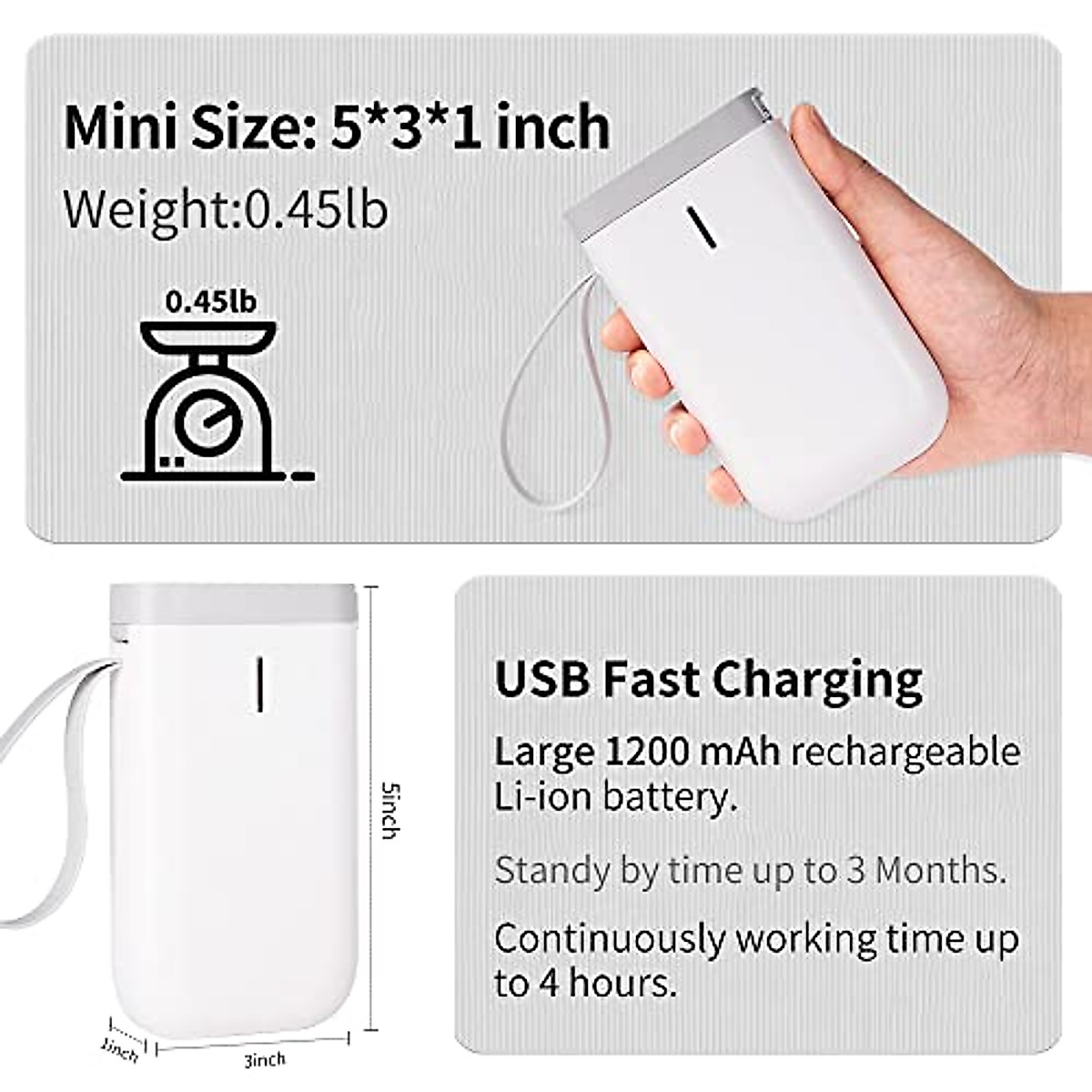 yugyet Mini Lable Maker Bluetooth Thermal Printer Portable with One Label Sticker Roll USB Rechargeable White