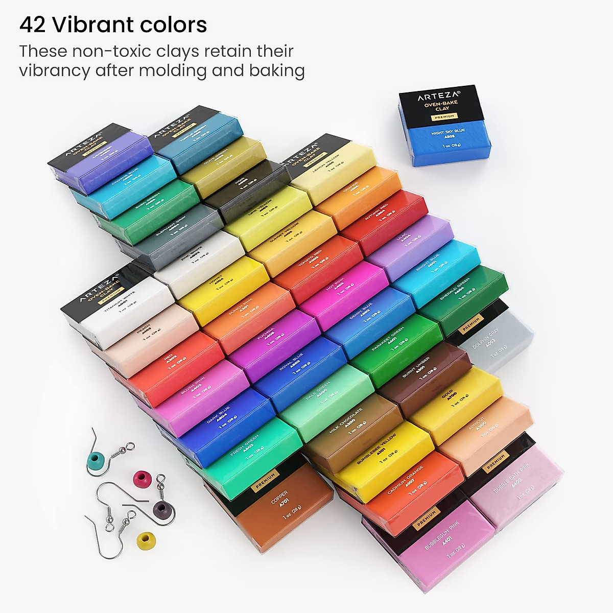 Arteza Polymer Clay Kit, Modeling Clay Oven Bake for Adults and Teens with 5 Sculpting Tools, 42 Colors, Made for Clay Earrings, Jewelry Making and Crafts