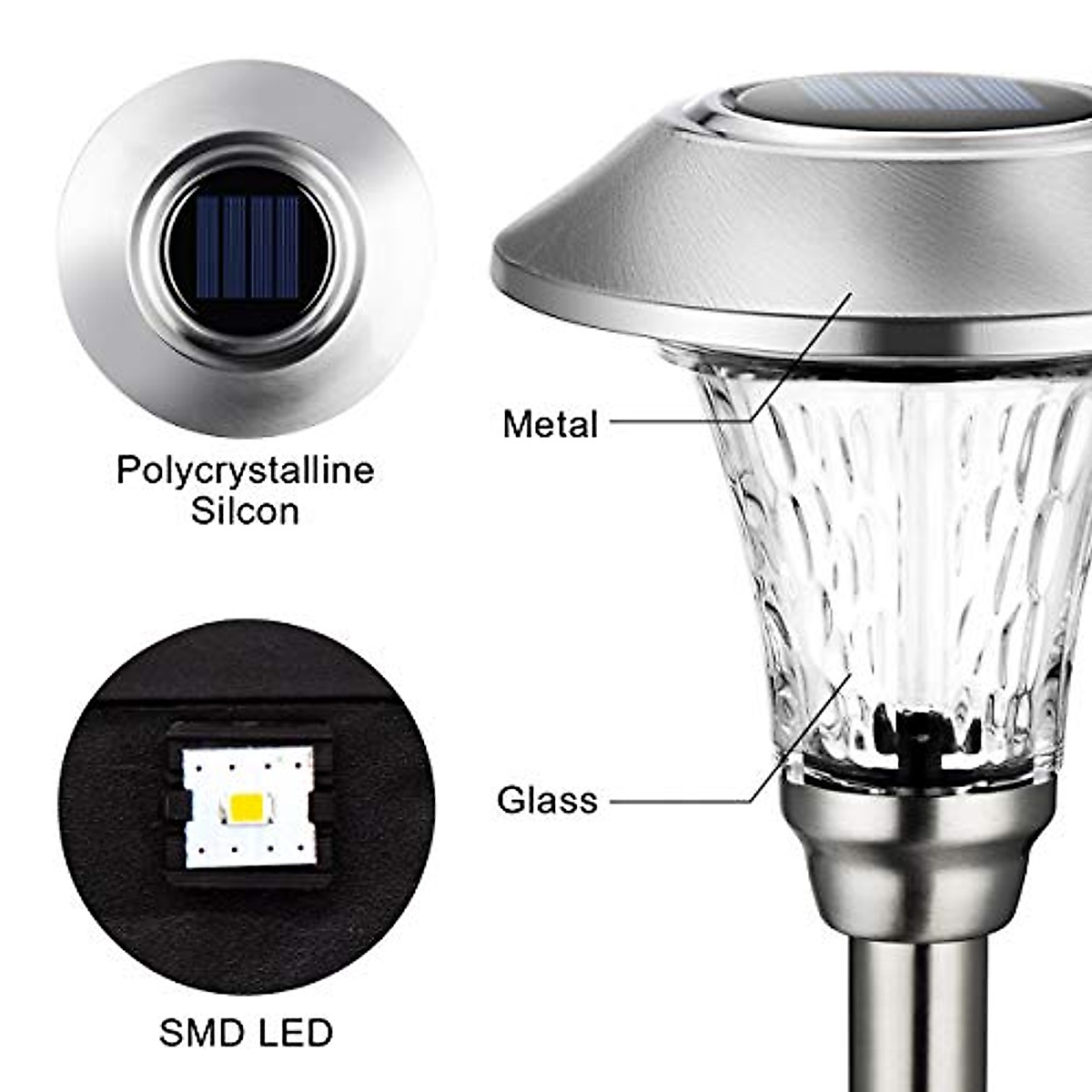 GIGALUMI 8 Pack Solar Pathway Lights, Solar Pathway Lights Outdoor Warm White, Waterproof Glass Stainless Steel Automatic Solar Landscape Lights for Patio, Yard, Lawn, Garden and Path (Silver Finish