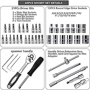 YUFANYA 46PCS 1/4 inch Drive Socket Set,Metric Ratchet Wrench Set with 4-14mm CR-V Sockets,S2 Bits,Extension Bars,Mechanic Tool Kits for Household Auto Repair