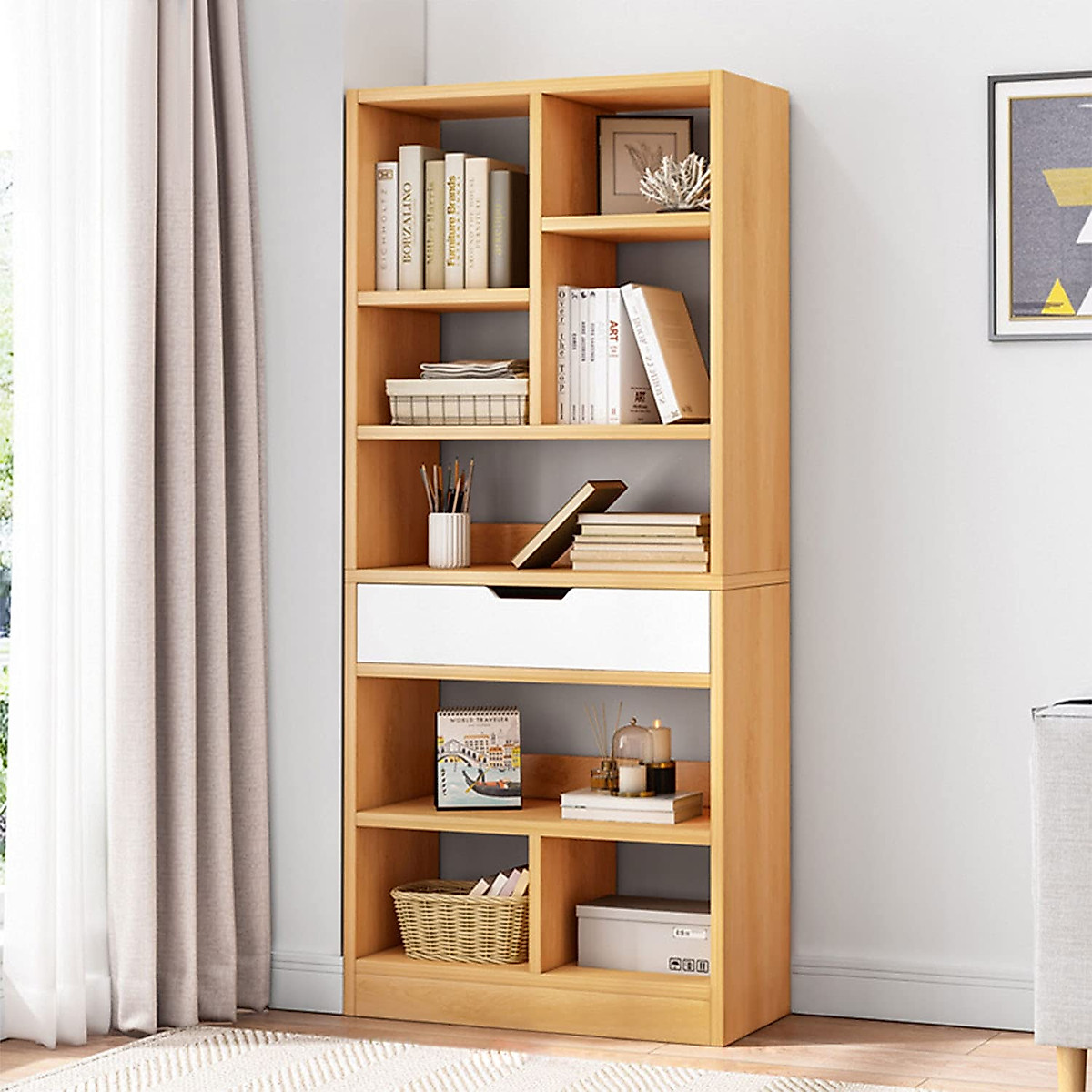 IOTXY Wooden Open Shelf Bookcase - 61 Inches Height Freestanding Display Storage Cabinet Organizer with 8 Cubes and a Drawer, Floor Standing Bookshelf in Maple Yellow