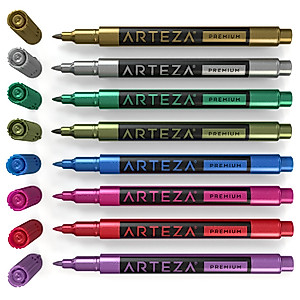 ARTEZA Wine Glass Markers, Set of 8 Washable Metallic Paint Pens, Quick-Drying Erasable Markers for Glassboards, Ceramic Plates, Mirrors