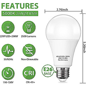 150-200W Equivalent LED Light Bulb, A21 23W Bright LED Bulb 2500 Lumens, Daylight White 5000K E26 Base Light Bulbs for Home, Office, Store, Garage, Warehouse, Garden, Commercial Lighting, 8 Pack