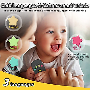 Baby Remote Toy, Toddlers TV Remote Control Toy Kids Realistic Play Remote Early Educational Baby Musical Toys with Light and Sound English French Spanish for Proshool Boys Girls 6 Month+, Gray