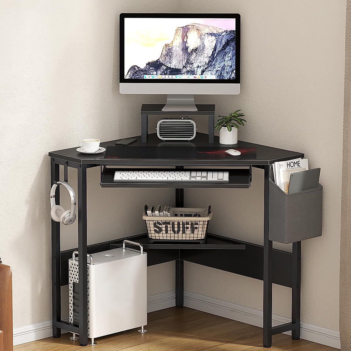 sogesfurniture Corner Desk Small Desk Corner Table for Small Space, Corner Computer Desk Writing Smooth Keyboard Tray & Shelves,Compact Home Office Triangle Table