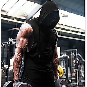 Babioboa Men's Loose Fit Running Hooded Tank Tops Basketball Cut Off Hoodie Sleeveless Workout Muscle Hoodies(Black X-Large)