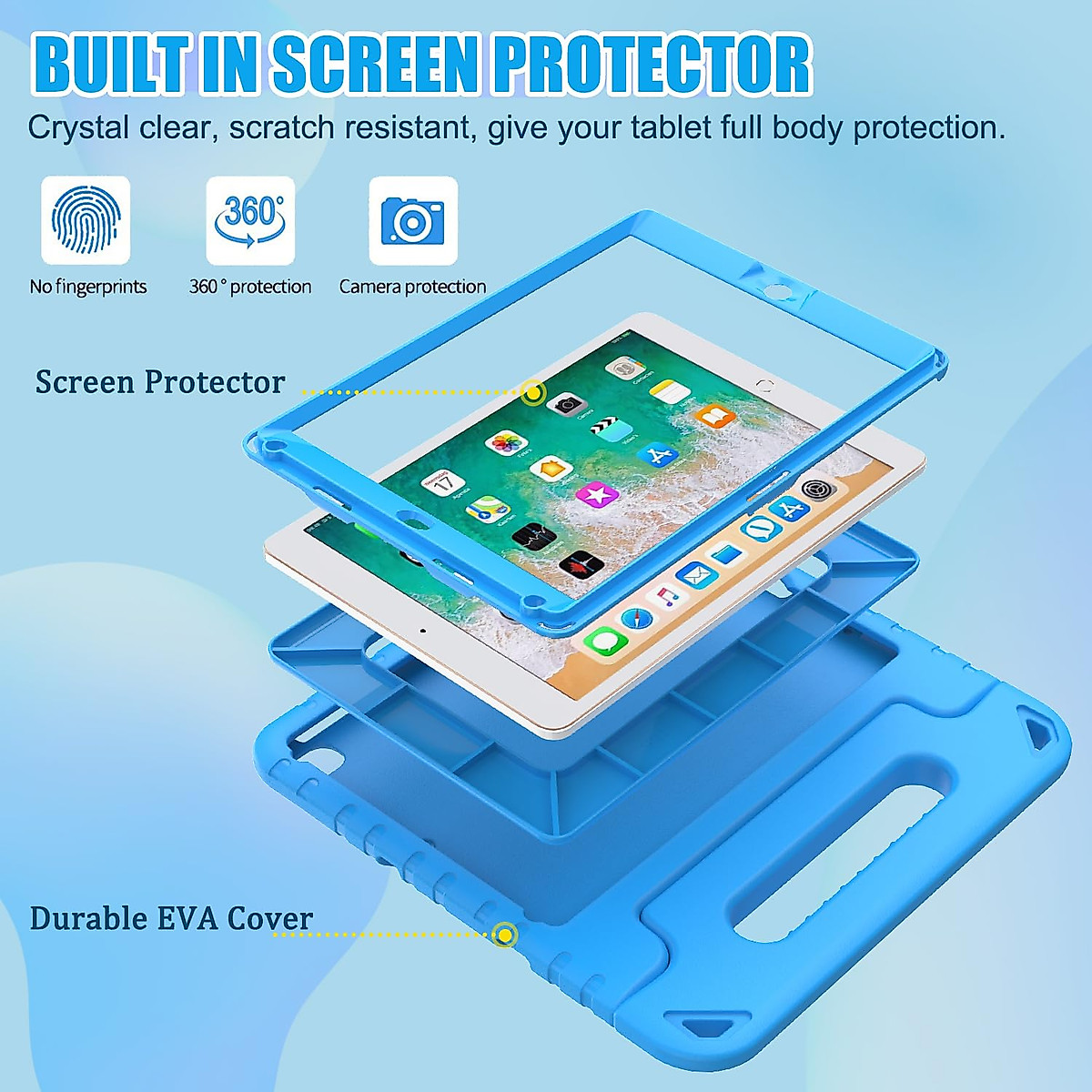 BMOUO Kids Case for iPad 9.7 Inch 2018/2017,iPad Air 2 - with Screen Protector, Shockproof Kids Case Cover Handle Stand Case for iPad 9.7 Inch 2017/2018 (iPad 5th and 6th Generation),iPad Air 2 - Blue