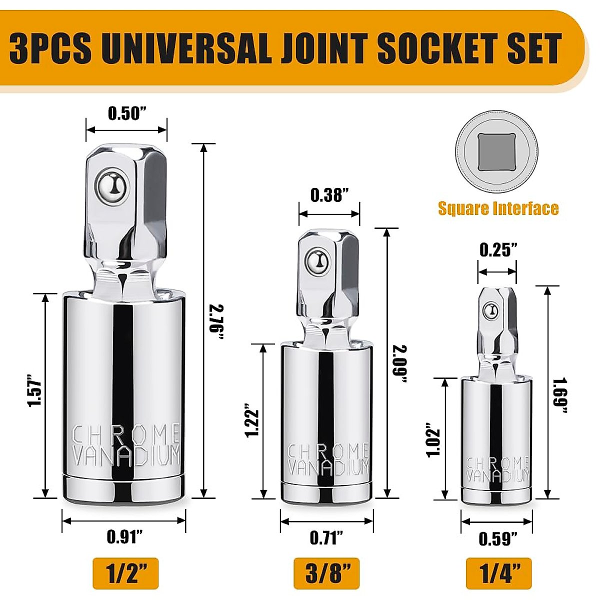 3PCS Universal Joint Socket Set, 1/4” 3/8” 1/2” Drive Swivel Socket Adapter Set, Premium Chrome Vanadium Steel Universal Joint Socket Adapter Suitable for Narrow Spaces- Tiosamd