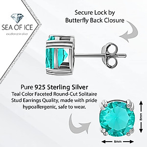 Sea of Ice Sterling Silver Round-Cut Simulated Gemstone Stud Earing for Women – Simulated Teal Faceted Gemstone cut 8 mm - Elegant Sterling Silver Earrings for Women – Nickel-Free