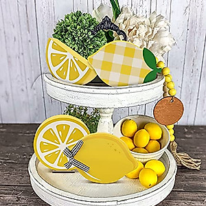 Lemon Tiered Tray Block Decor Summer Farmhouse Wooden Pieces Lemonade Yellow Buffalo Plaid Farmhouse 3D Stand Rustic Kitchen Decoration Signs Summer Gift Ideas Set of 4