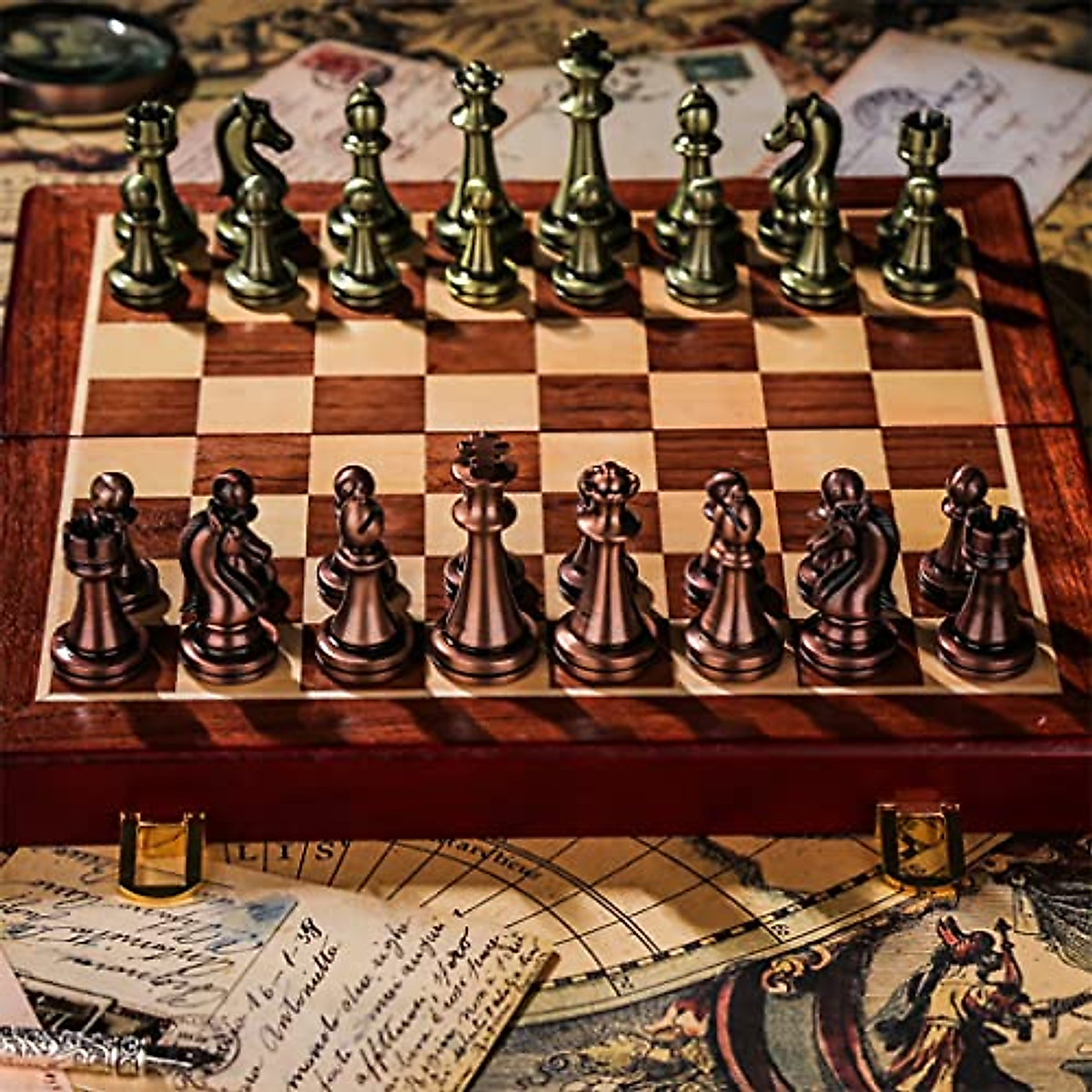 Chess Set for Adult and Kid, 13.5" Folding Wooden Chess Board with Zinc ...