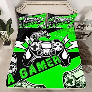 Erosebridal Gamer Bedding Sets for Boys Girls Kids,Gamepad Gaming Sheets Full Size Modern Game Room Decor,Games Console Fitted Sheet Black Green Bedroom Decor with 2 Pillowcases