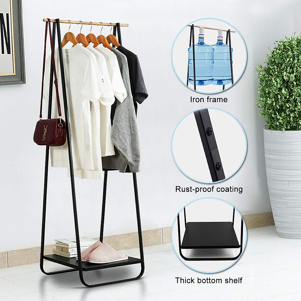 JEFEE Compact Clothes Rack Simple Garment Rack with Shelf 1-Tier Coat Clothing Organizer Storage for Hats Bags Shoe for Entryway Bedroom Dorm Pool, L21.3xW18.3X H55.1 inch, Black