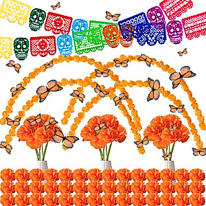 Riceshoot 79 Pcs Day of the Dead Decoration, 16.4 ft 9 Mexican Party Banners 4 Pcs Artificial Marigold Garland 24 Pcs Monarch Butterfly Decorations 50 Pcs Marigold Flower Heads for Dia De Los Muertos
