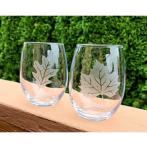 Fall leaves glass set, etched wine glass, etched maple leaf glass, oak leaf glass, stemless barware, for wine lovers, hostess gift