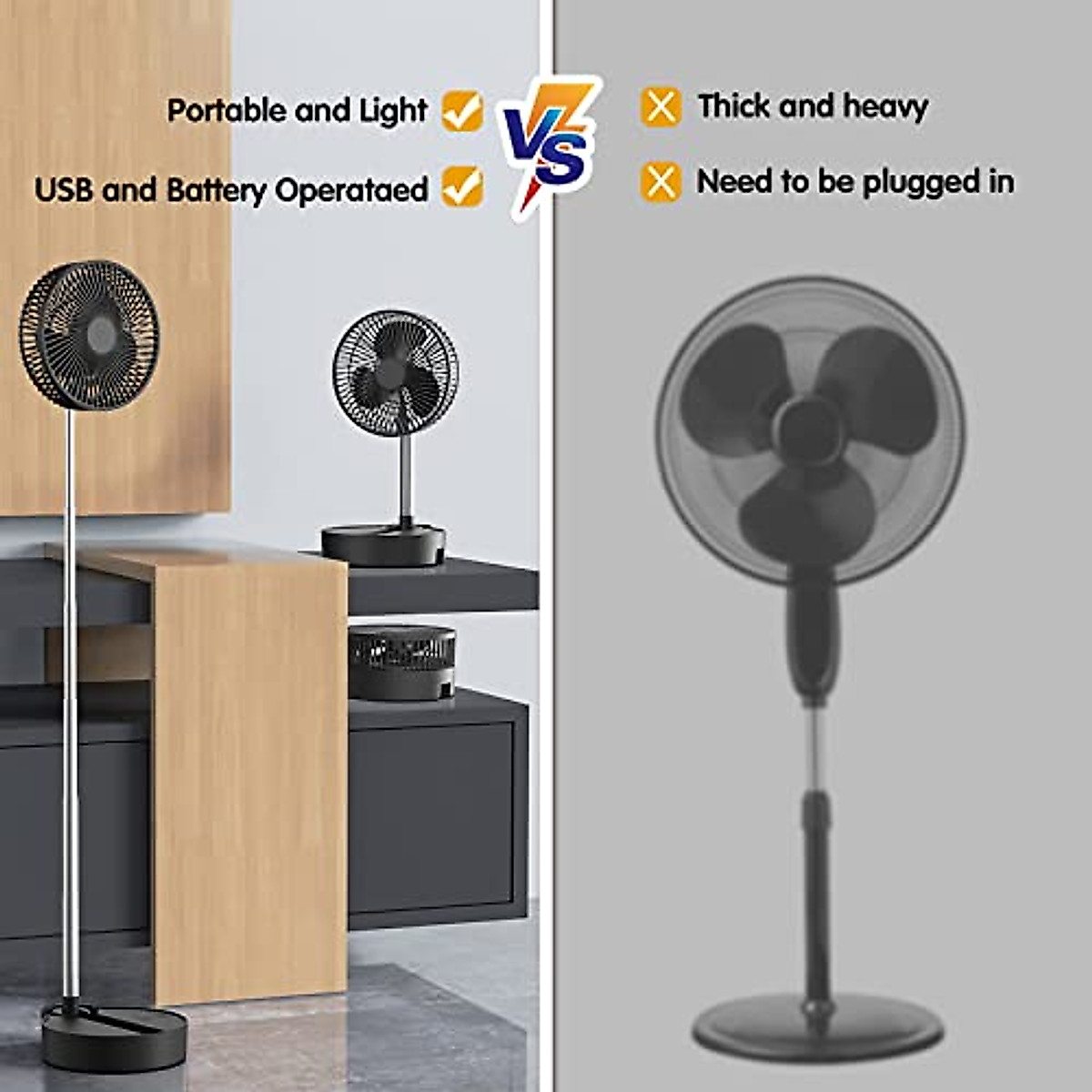 Small Fan 8" Remote Control, AC/DC, 90°Oscillating, 4 Speeds, Timer, Adjustable Tilt, 70-Inches Cord Ultra Quiet, for Home Office Bedroom Toilet Garage RV Camping (Black 8in Portable Fan)