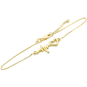 Dainty 14k Yellow Gold Heartbeat Bracelet, 7.5" Adjustable to 8"