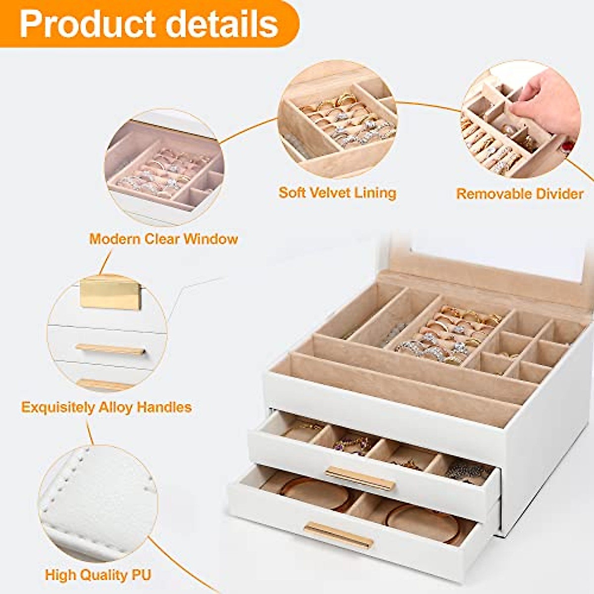 Zglori Jewelry Box, 3 Layers Jewelry Organizer with Glass Lid, 2 Drawers Jewelry Storage Case Holder for Women, Girls