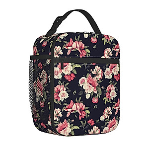 YETTA YANG Flower Floral Cute Black Pink Portable Lunch Bag Insulated Lunch Box Reusable Totes For Women Men Work Picnic Camping