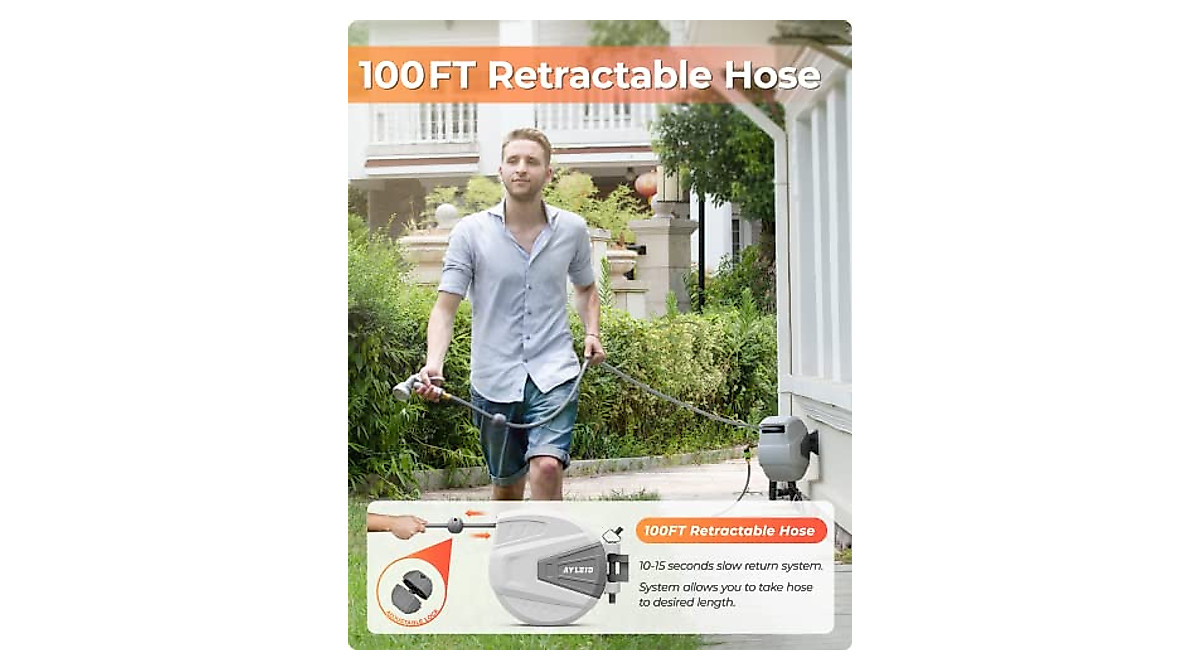 Ayleid Retractable Garden Hose Reel - 100 ft Wall Mount with 9-Function ...