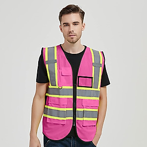 evershare Pink Safety Vest Reflective High Visibility with 5 Pockets and Zipper Class 2 for Men and Women Unisex Fluorescent Construction Security Volunteer Outdoor Traffic Workwear