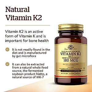 Solgar Natural Vitamin K2 (MK-7) 100 mcg, 50 Vegetable Capsules - Pack of 2 - Supports Bone Health - Natural Whole Food Source from Natto Extract - Non-GMO, Gluten Free - 100 Total Servings