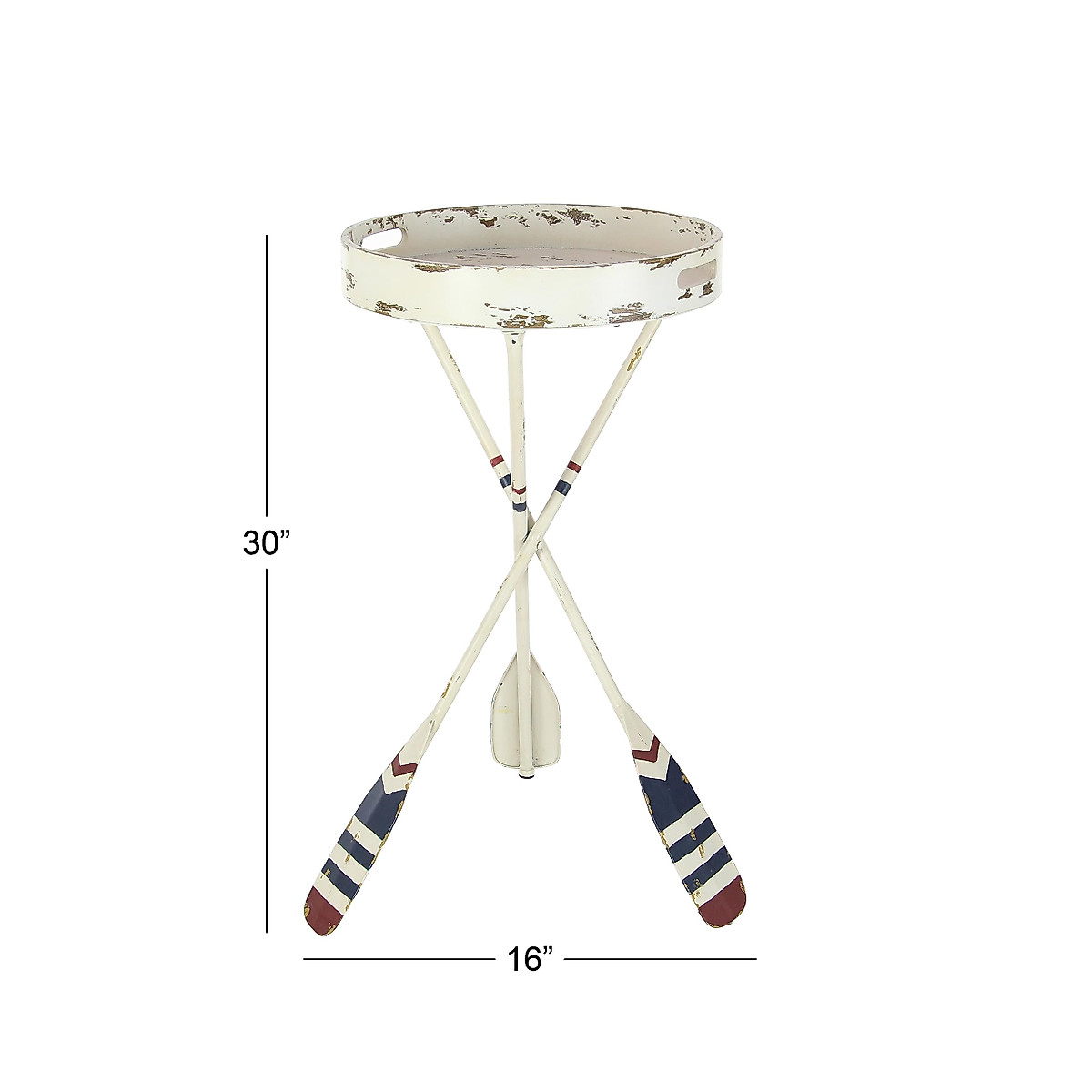 Deco 79 Metal Paddle Side End Accent Table Distressed Striped End Table with Navy and Red Striped Oar Legs, Side Table 16" x 16" x 28", White